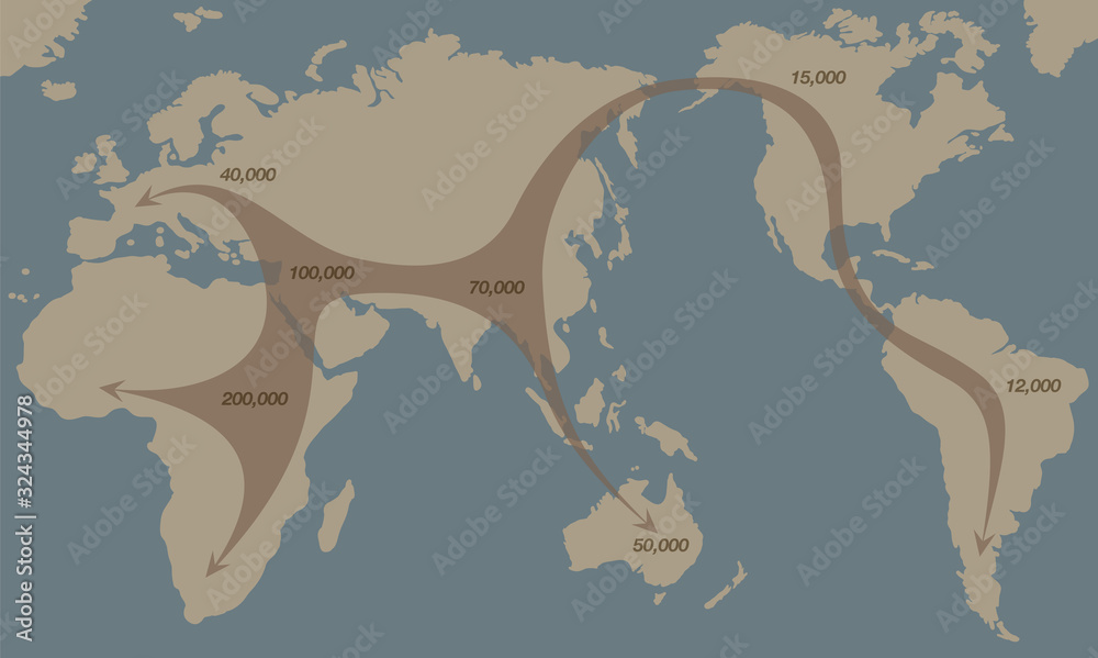 Early human migration world map. Global spread of humankind from africa ...