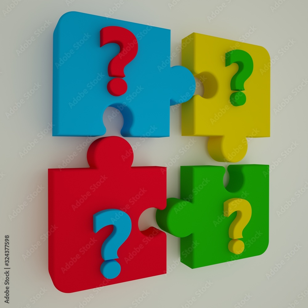 Four Pieces of Colorful Puzzles with question marks. 3d Illustration ...