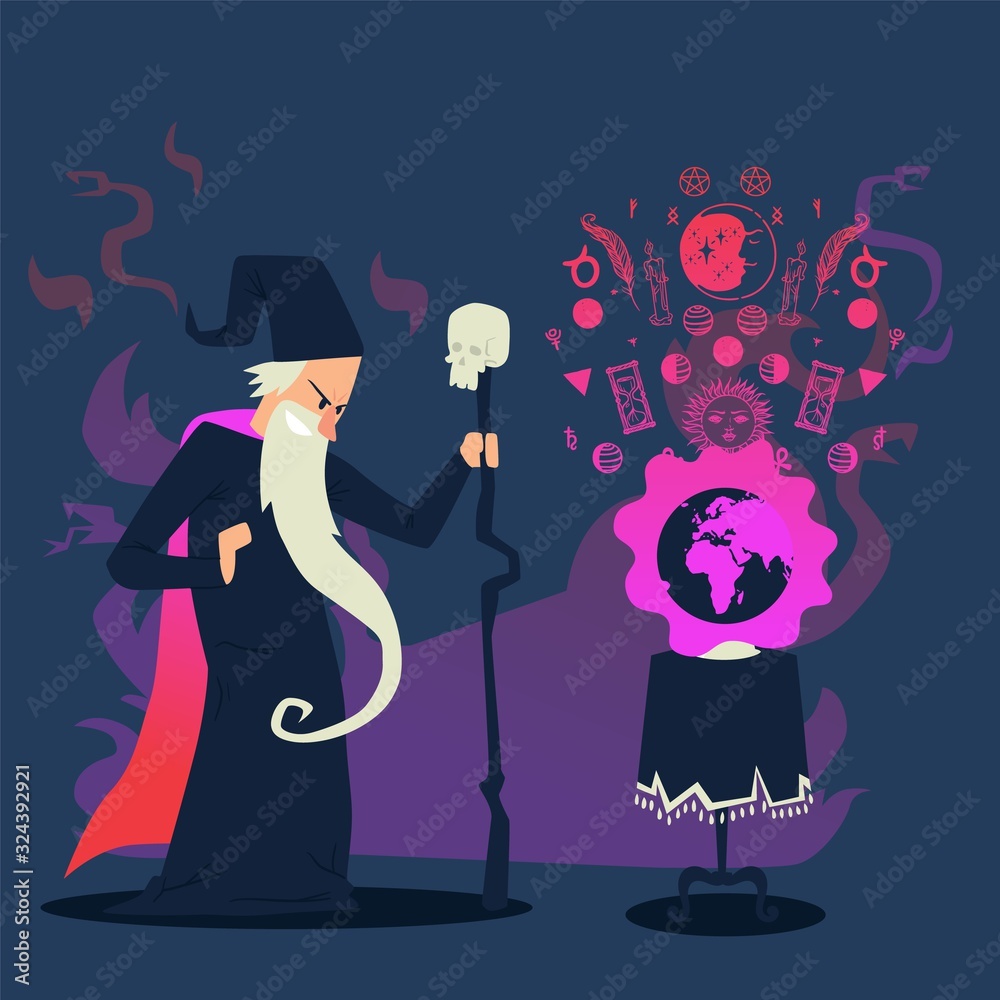 Evil wizard casting spell on planet Earth, cartoon character vector ...