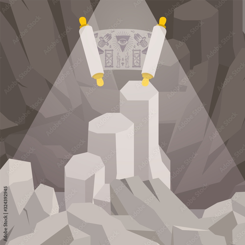 Sacred manuscript in cave, magic artifact for game design, vector ...