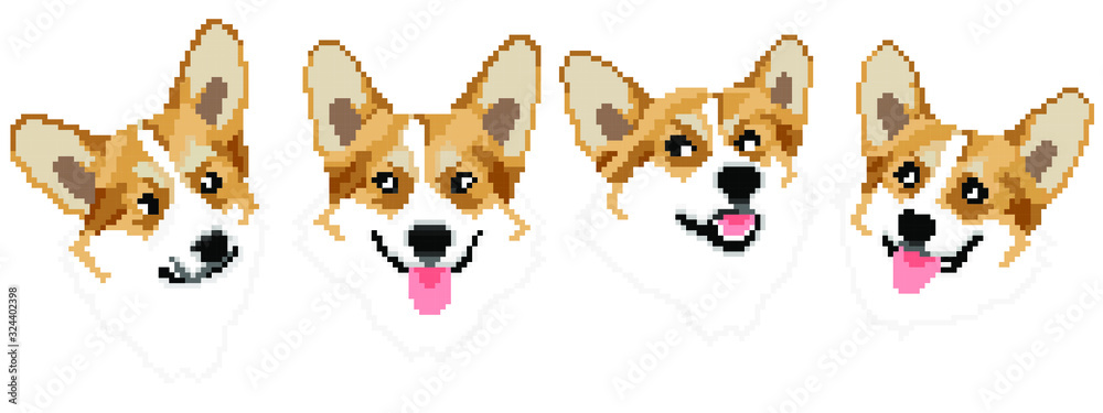 Set of vector pixel art Pembroke Welsh Corgi dog isolated on white ...