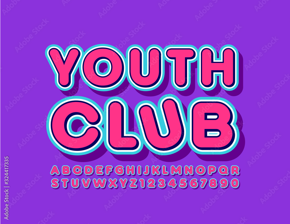 Vector colorful logo Youth Club. Trendy bright Font. Artistic Alphabet ...