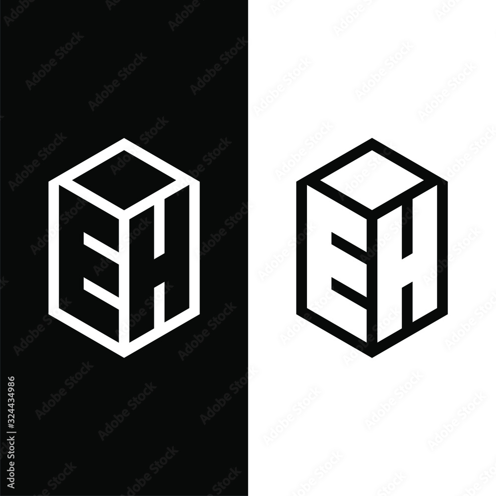 Initial letter EH logo template with 3d cube hexagonal line art symbol ...