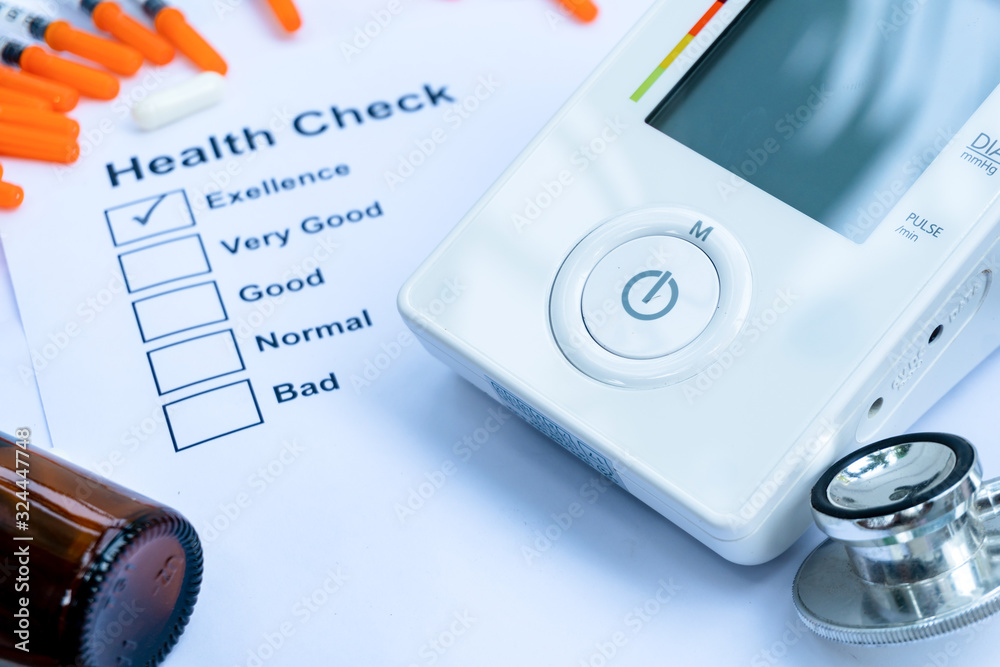 Health check list for personal result with hospital equipment Stock ...