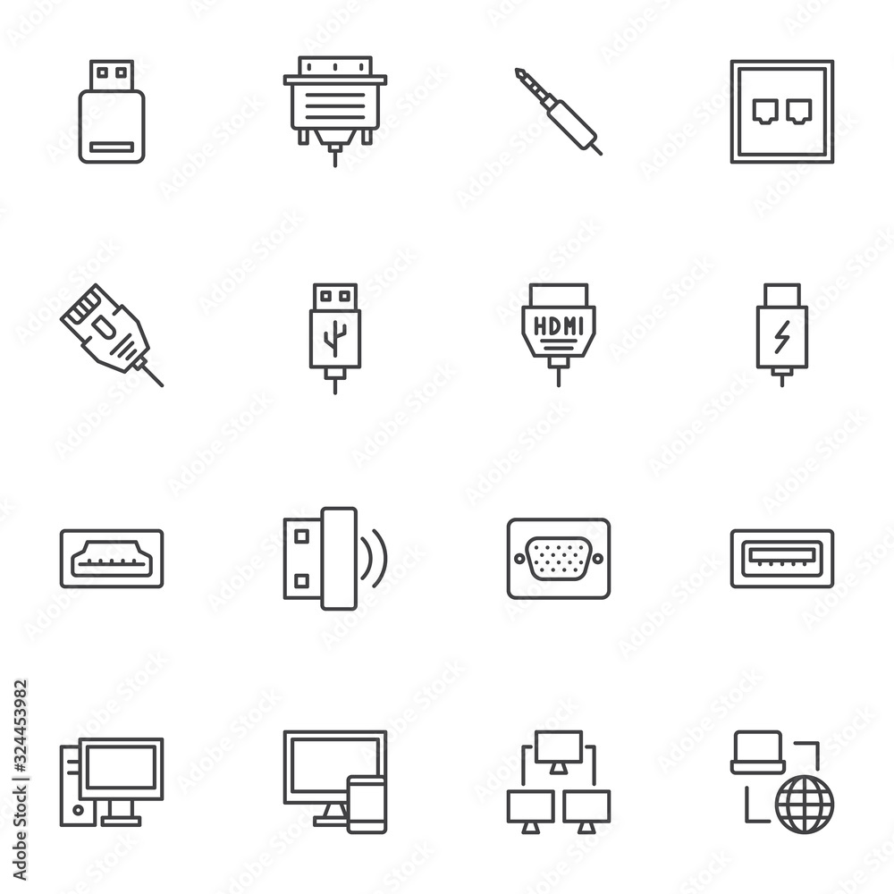 PC connectors and sockets line icons set. linear style symbols ...