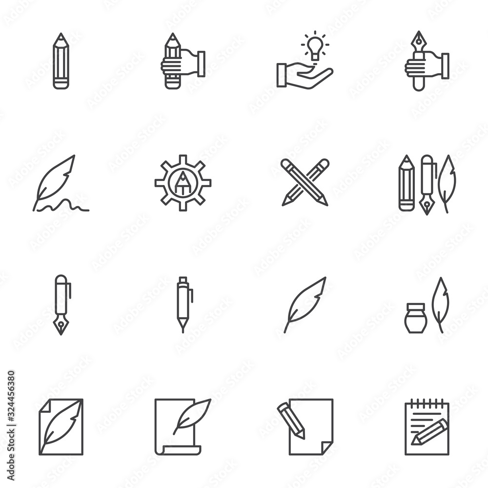 Writing tool line icons set. linear style symbols collection ...