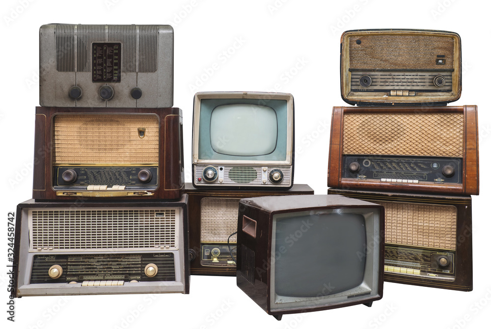 Old vintage radios and televisions isolated on white background with ...