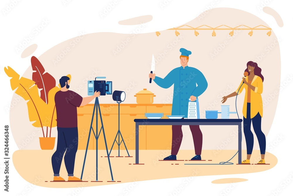 Cooking TV Show Shooting with Chef Preparing Food, Cameraman Working ...