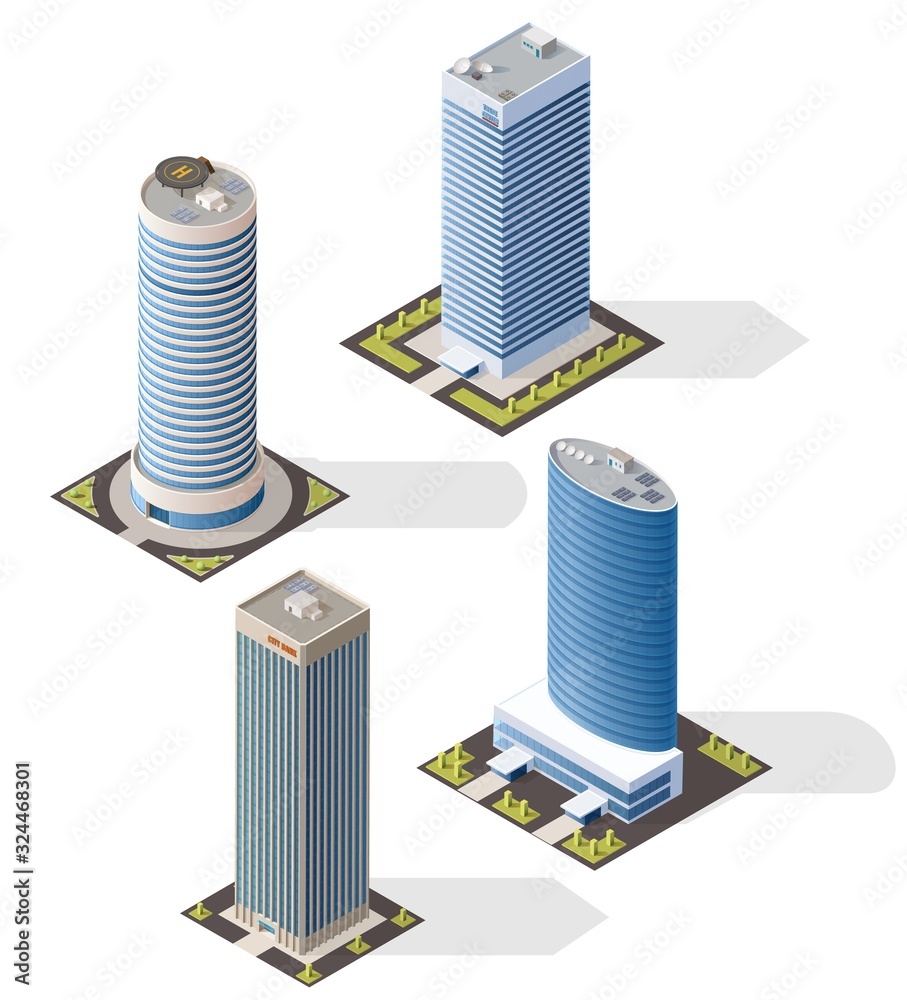 Skyscraper buildings 3d isometric design, vector houses of bank and ...
