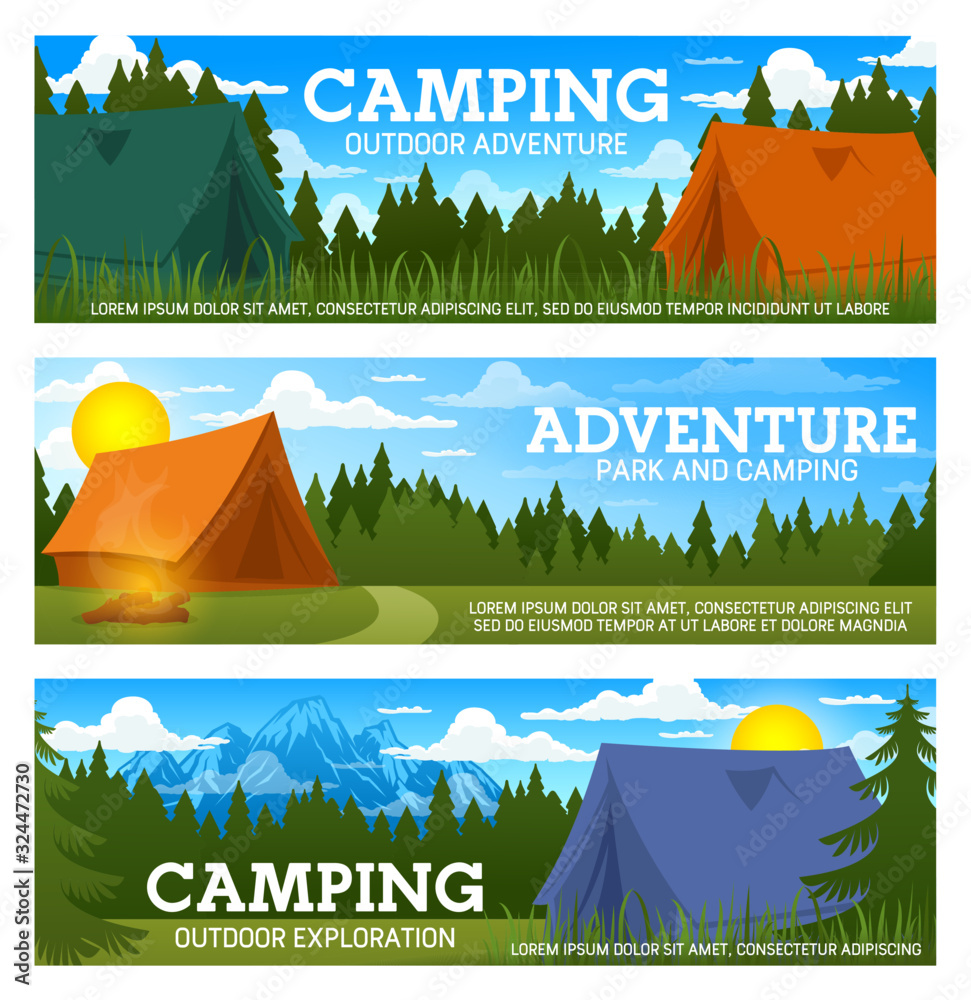 Summer camp, forest and mountain adventure vector banners of travel and ...