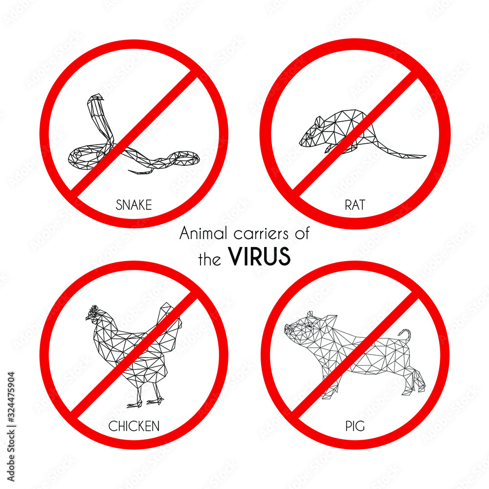 Set of animals carrying viruses. Snake, rat, chicken and pig in a low ...
