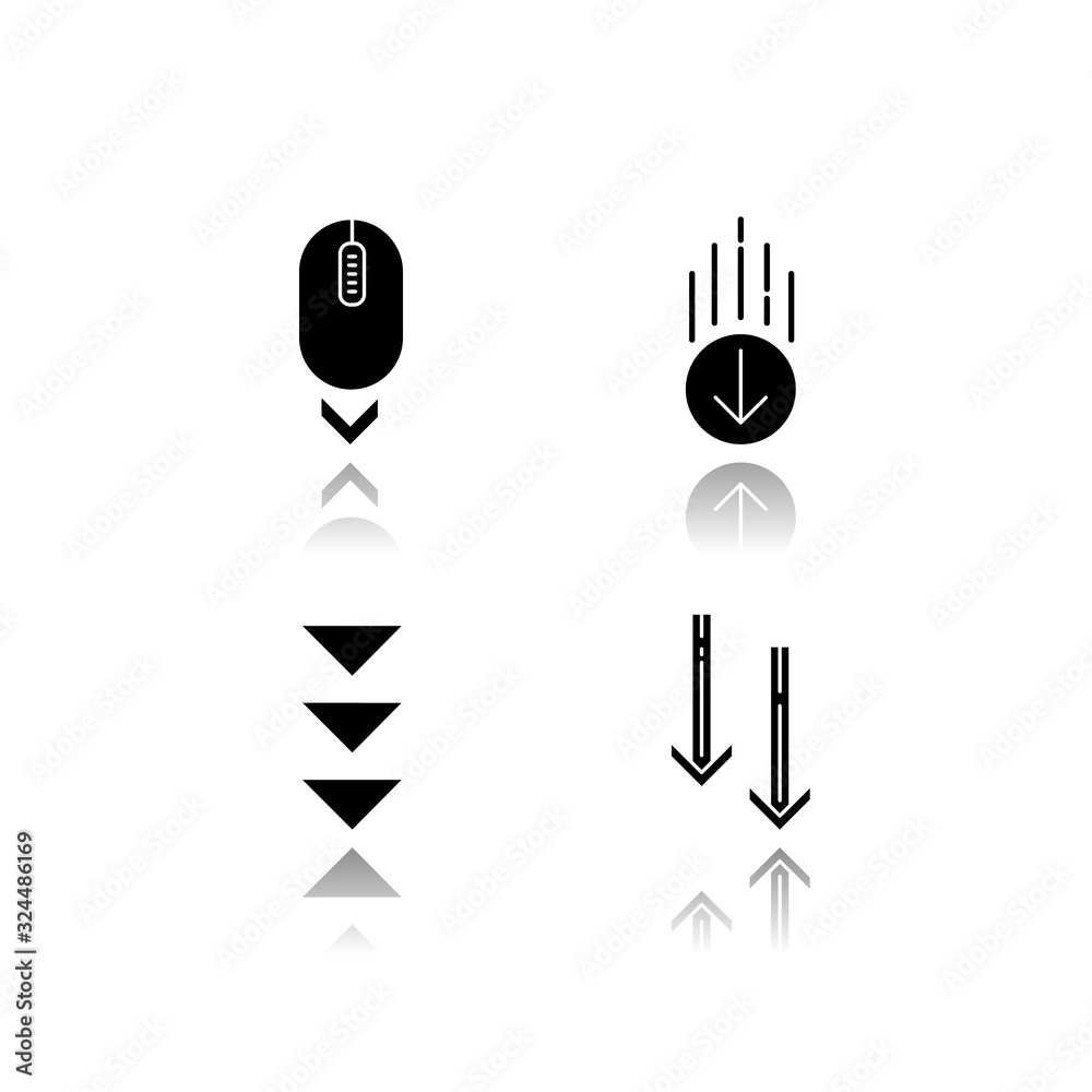 Scrolling down drop shadow black glyph icons set. Computer mouse and arrowheads in circles ...