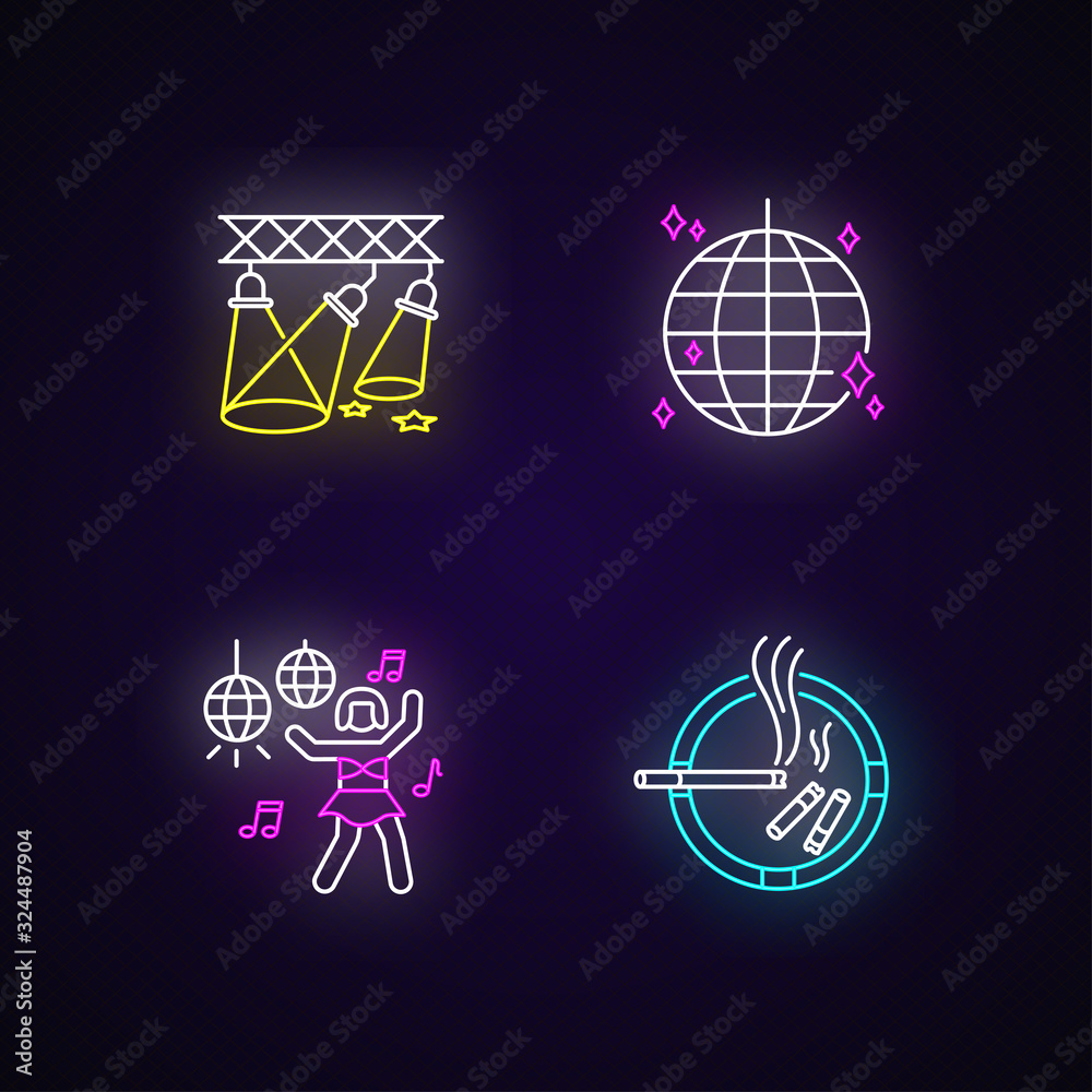 Nightclub recreation neon light icons set. Night club entertainment ...