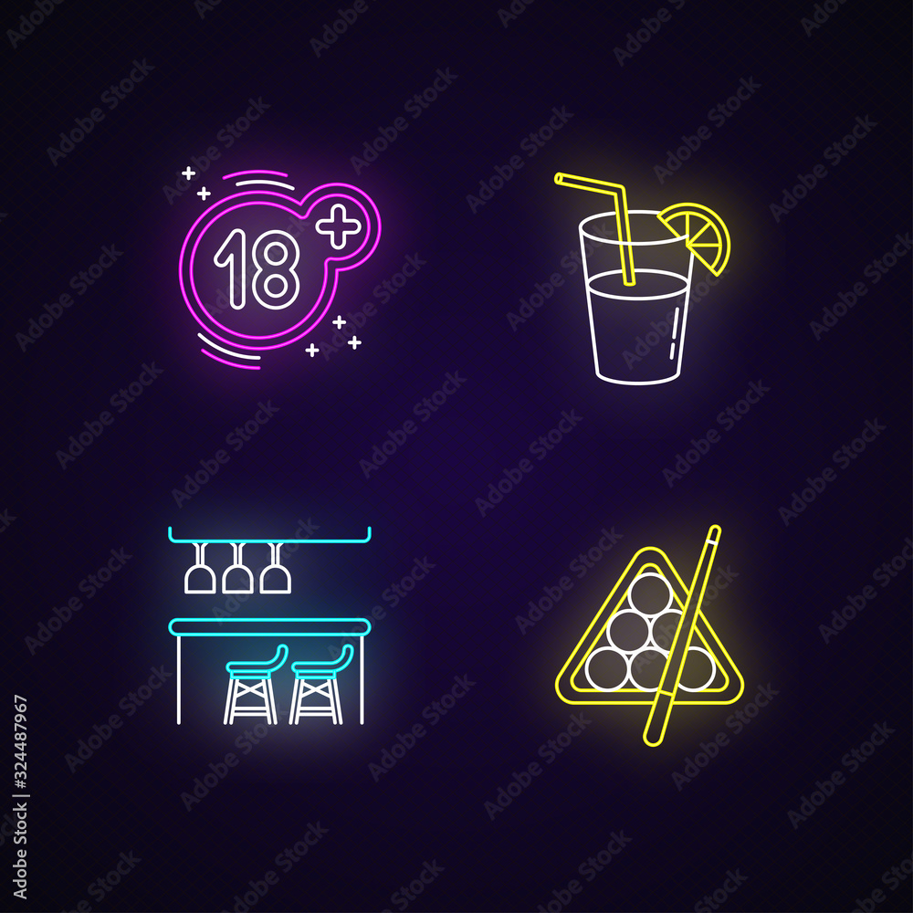 Adult recreation neon light icons set. Night club recreation signs with ...