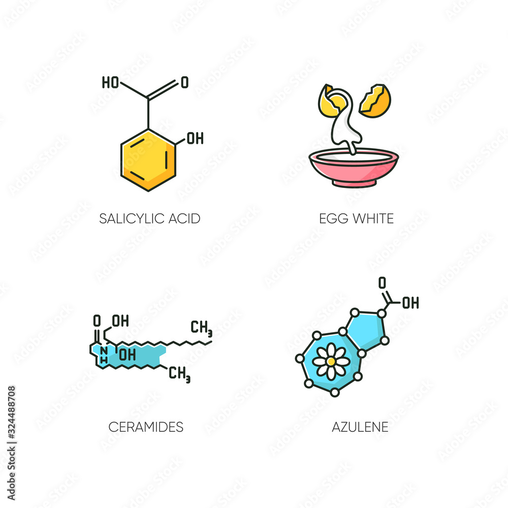 Cosmetic ingredient RGB color icons set. Salicylic acid. Egg white ...