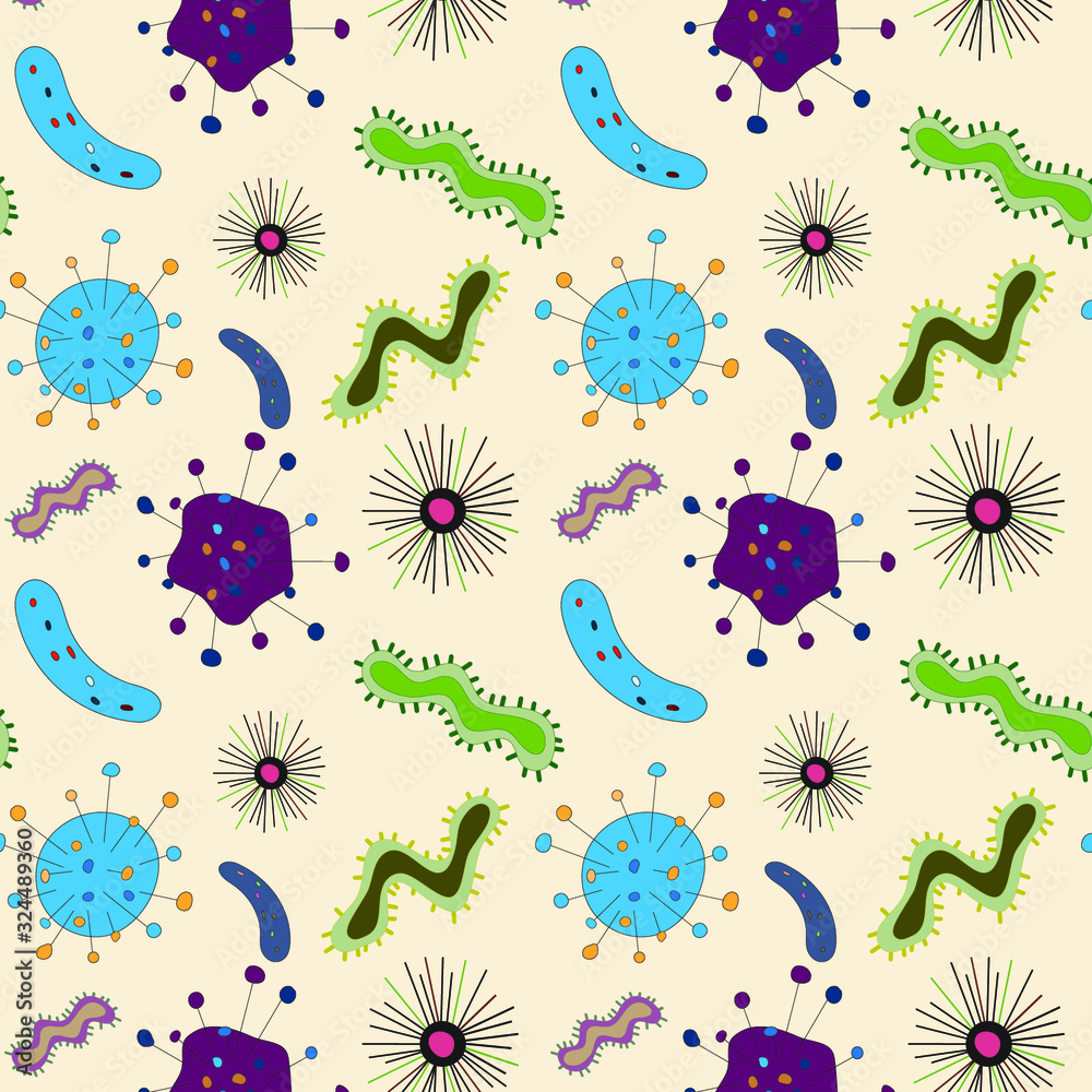 Seamless pattern illustration of bacteria, viruses, microbe and germs ...