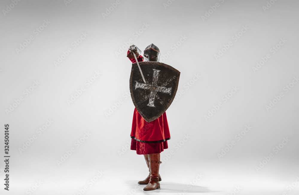 Brave armored knight with professional weapon fighting isolated on ...