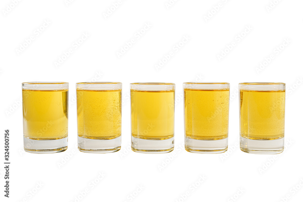 Yellow, same color opaque cocktails, a set of shots in one row, five ...