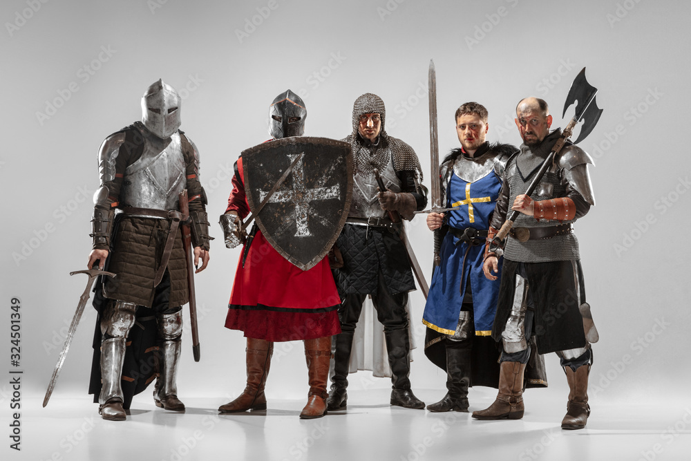Brave armored knights with professional weapon fighting isolated on ...
