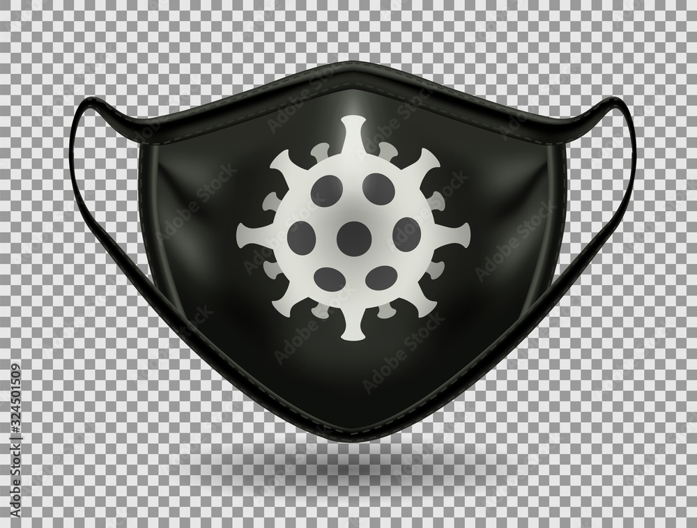 Black mask with a symbol of coronavirus. Front view. To protect against ...