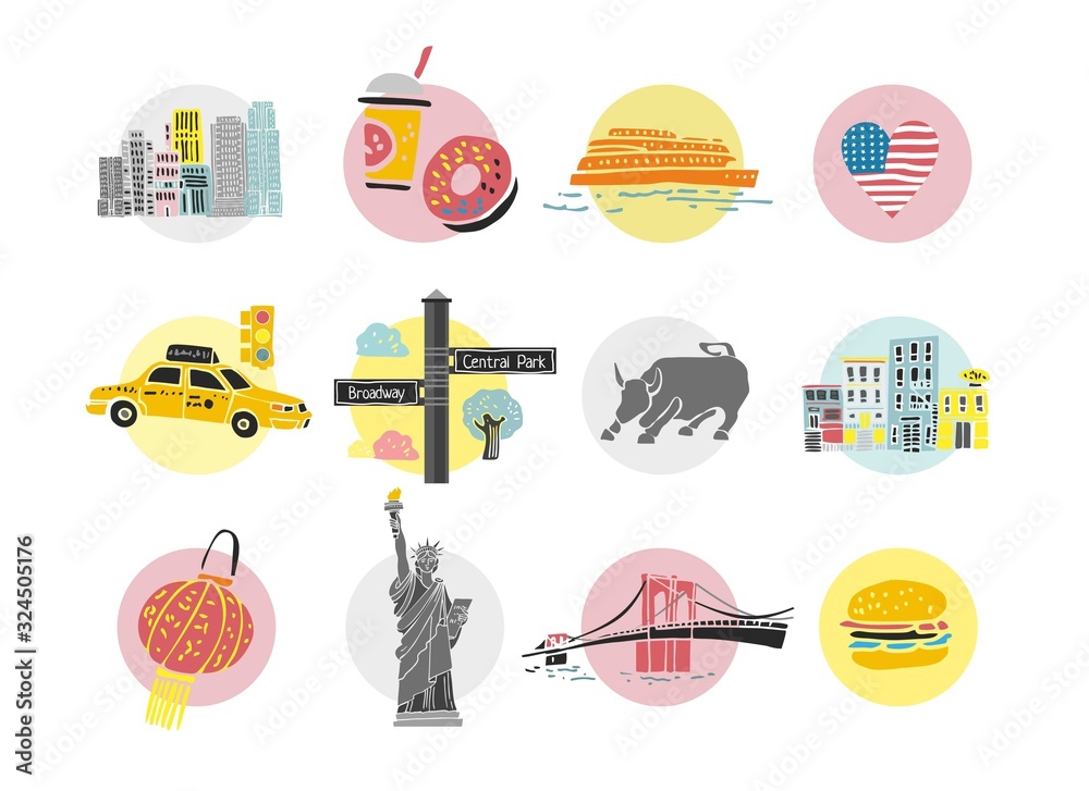 Set of decorative symbols of New York. Templates and icons for the ...
