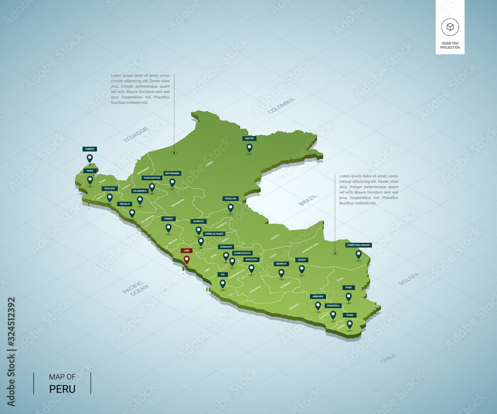 Stylized map of Peru. Isometric 3D green map with cities, borders ...