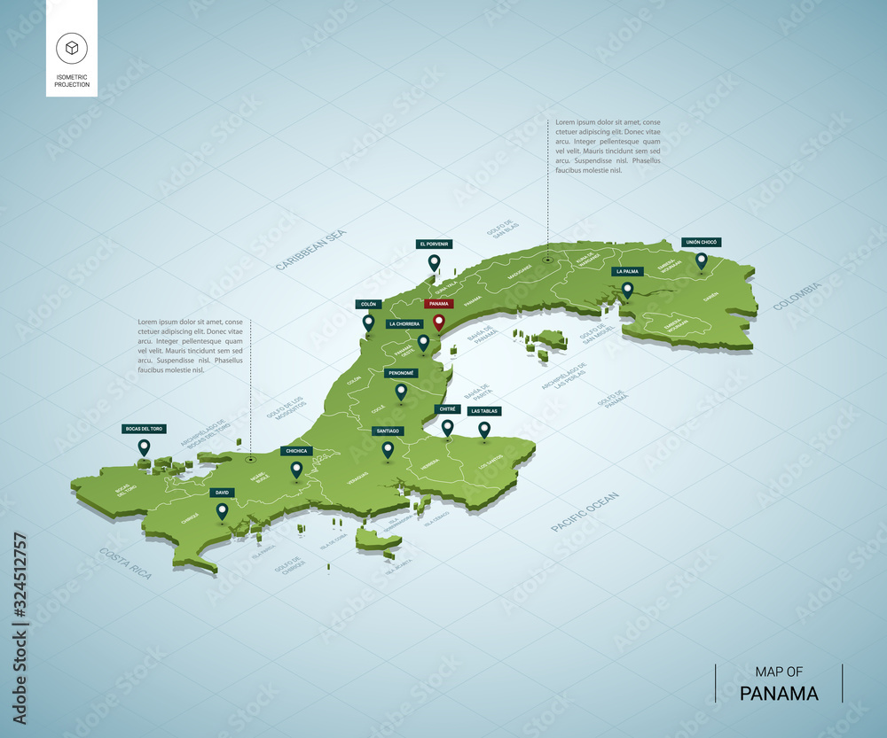 Stylized map of Panama. Isometric 3D green map with cities, borders ...