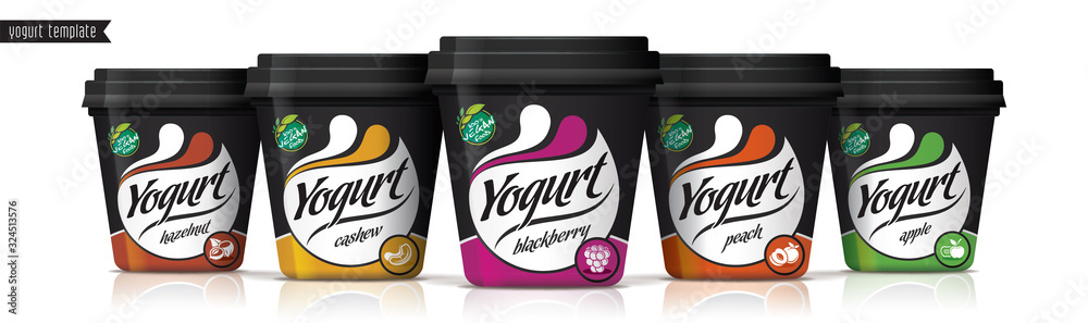 Yogurt vector packaging design. Fruit and nuts yogurt set. Stock Vector ...