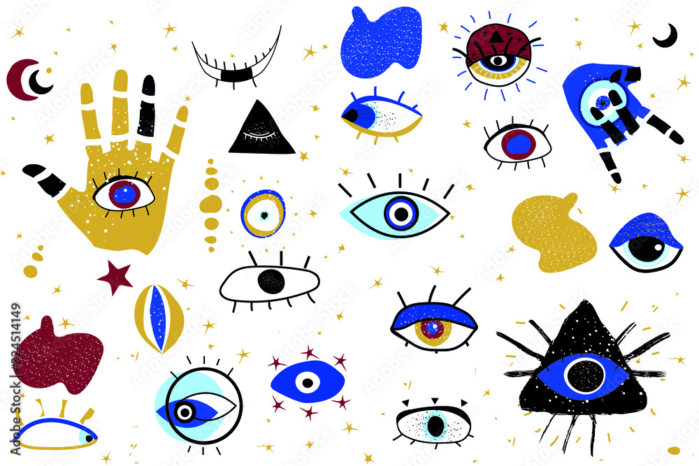 Occult mystical emblem. Evil eye. A set of hand-drawn different mascots ...