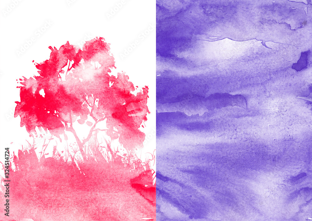 Watercolor tree of pink color on a white isolated background. Single ...