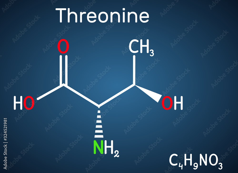 Threonine, L-Threonine, Thr, C4H9NO3 essential amino acid molecule ...