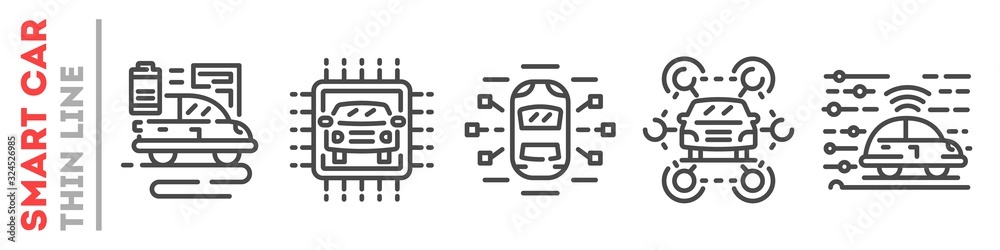 Big set of smart autonomous car and his service thin line icons ...