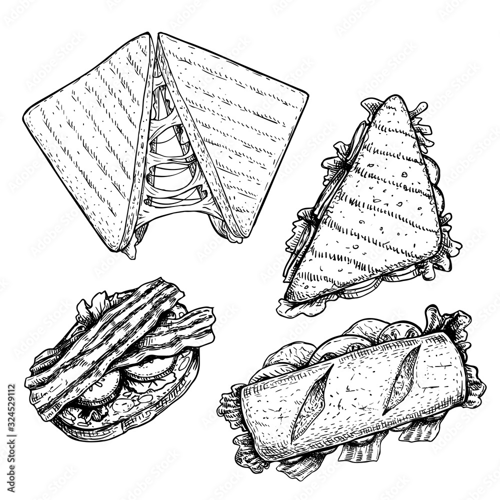 Hand drawn sketch sandwiches set. Top view. Submarine, ciabatta ...