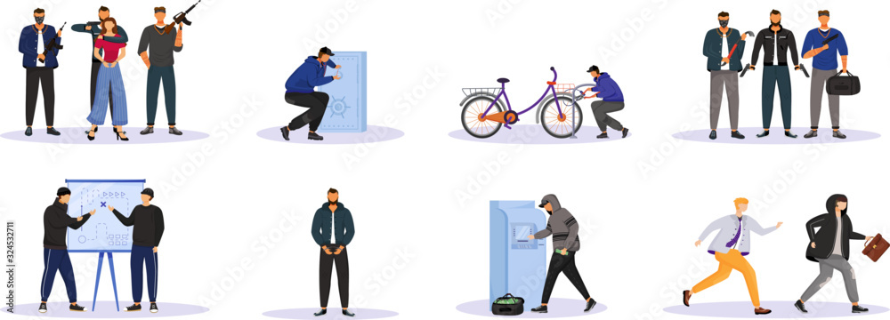 Criminal activity flat color vector faceless characters set. Organized ...