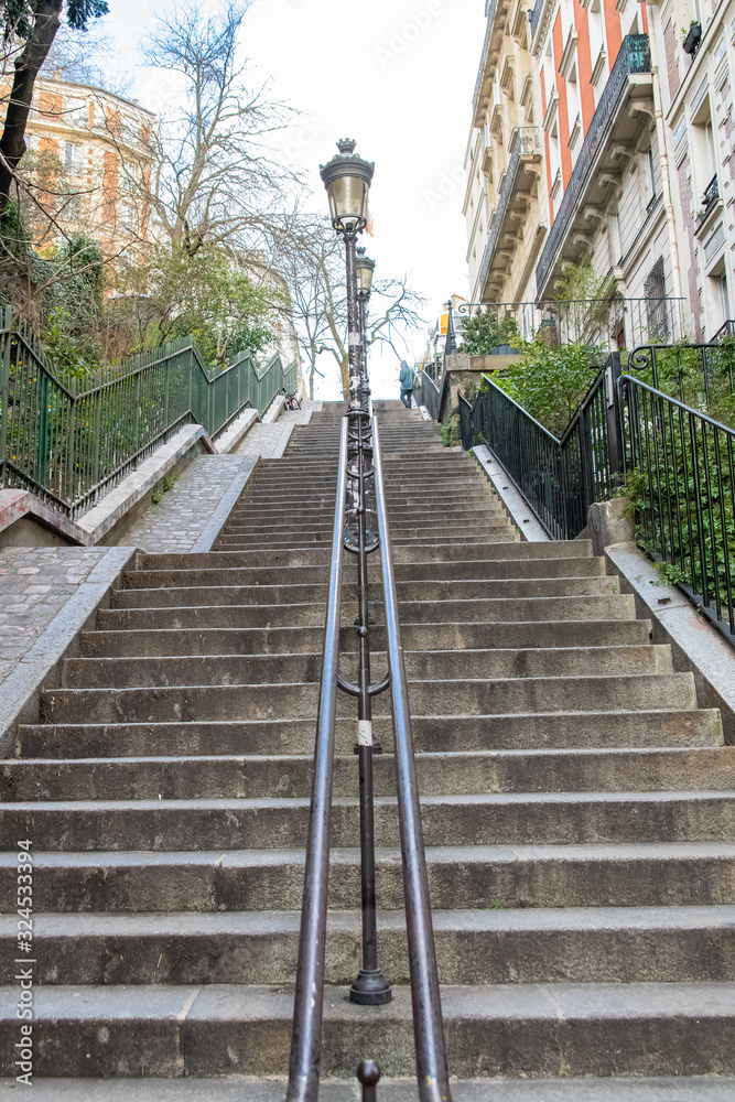 Paris, romantic staircase in Montmartre, typical buildings Stock Photo ...
