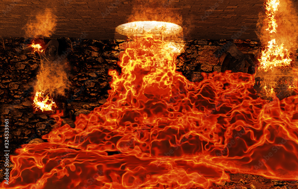 Dante's Hell, dark cavern burning with flames with a ladder to climb to ...