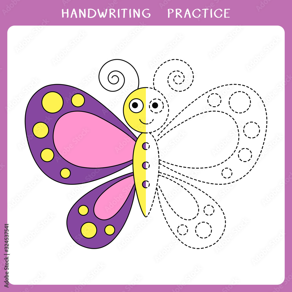 Handwriting practice sheet. Illustration of butterfly for coloring book ...