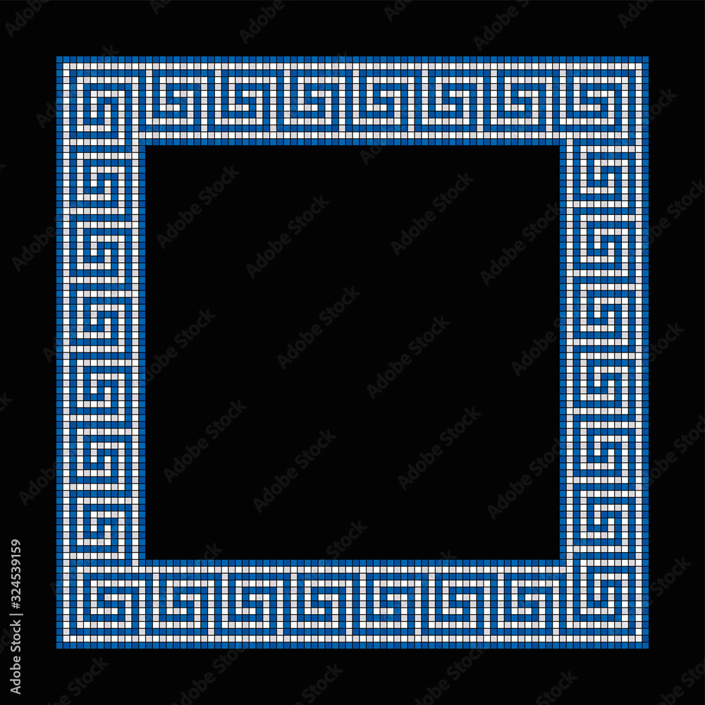 Square shaped meander mosaic, frame in blue and white. Frame with ...