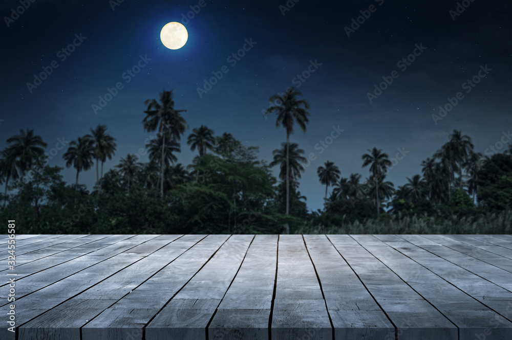 Empty Wooden Desk with Romantic Dark Night atmosphere with coconut ...