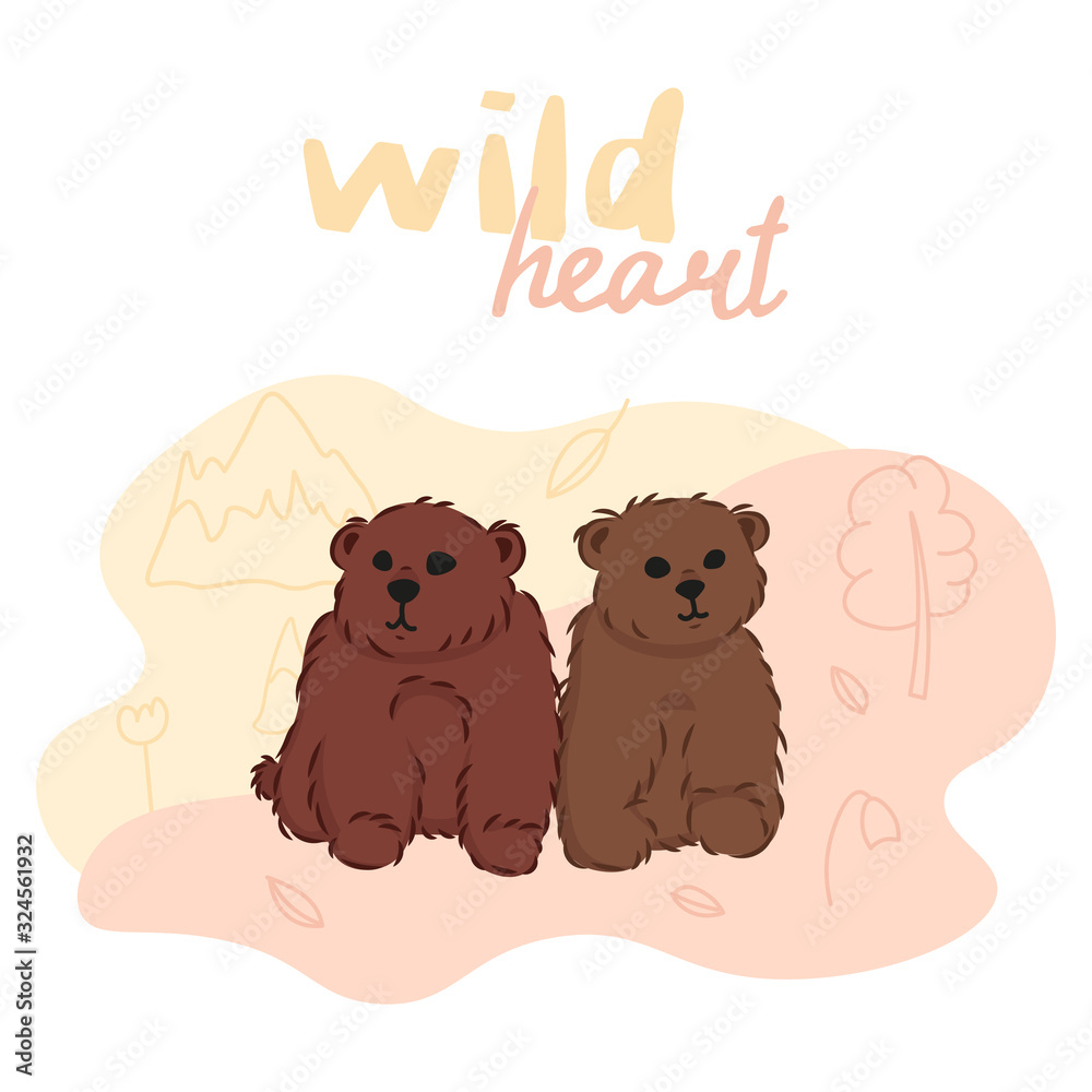 cute cartoon bears with forest flora doodle elements, wild animals and ...