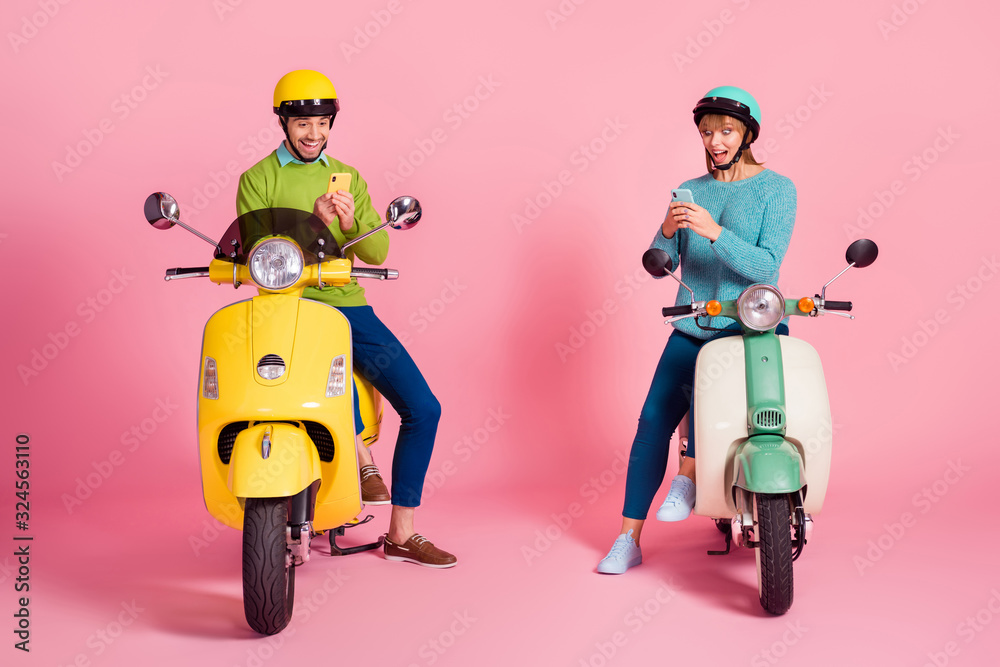 Full length photo of millennial lady guy two people sitting vintage ...