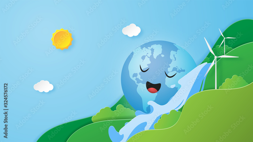 World earth day background concept. Happy globe on water fall in the ...