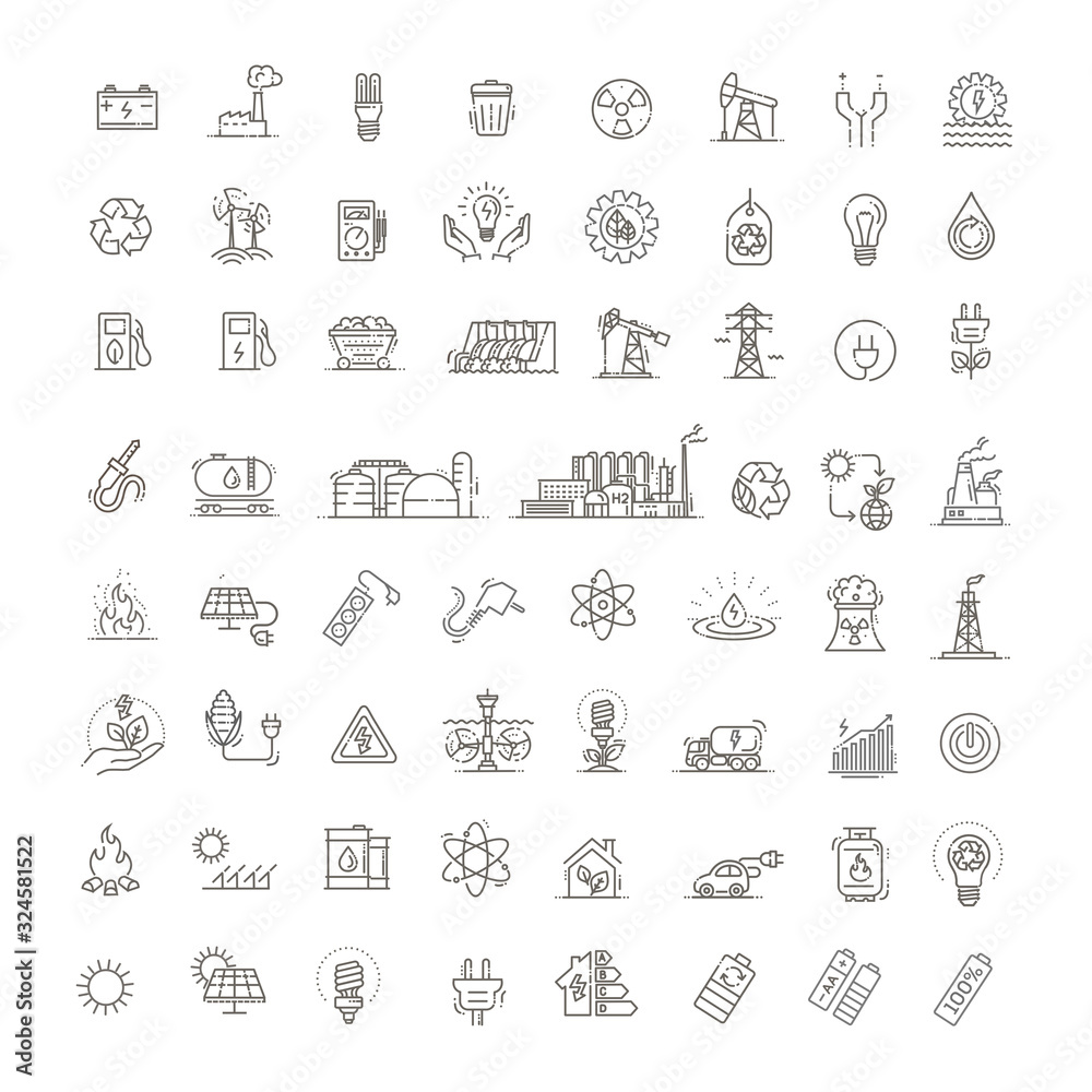 Collection of linear style vector icons on the theme of electric power ...