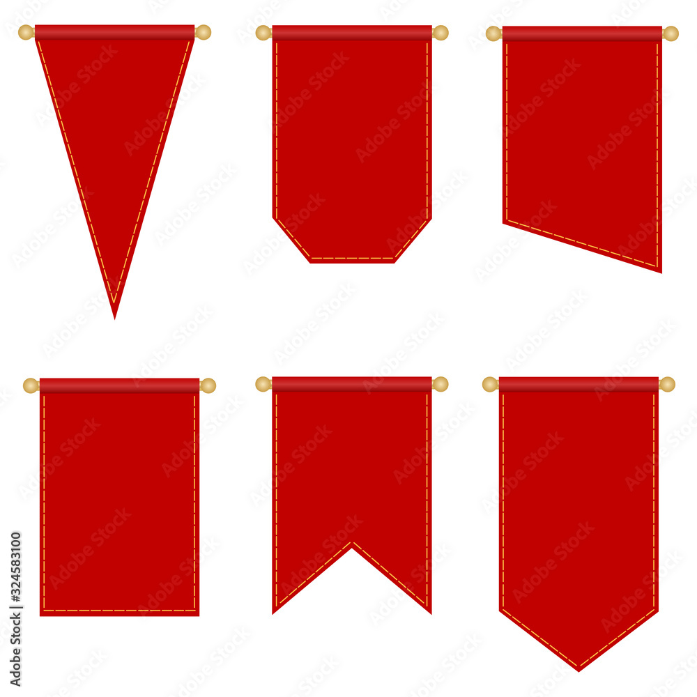 Flagpole, set of red flags of different shapes isolated on a white ...