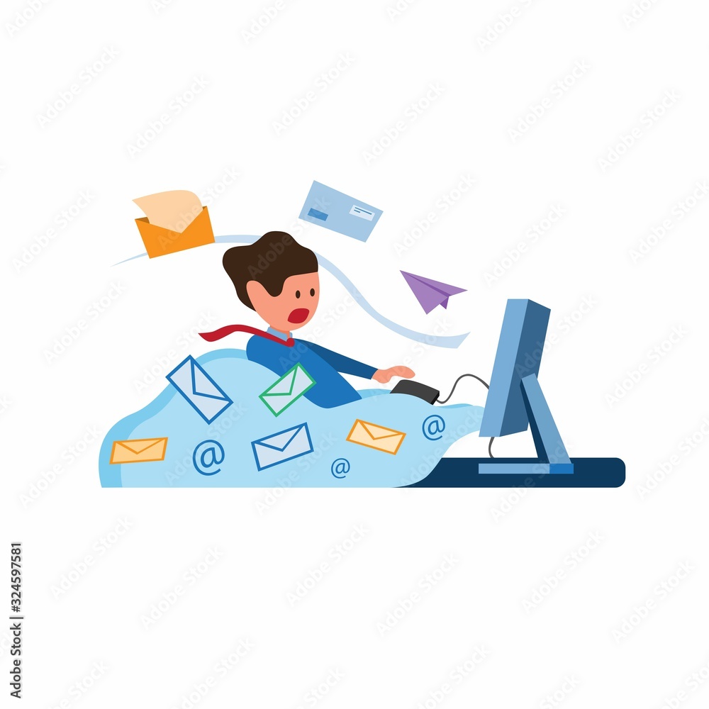 office worker with full of envelope and email coming out from computer ...