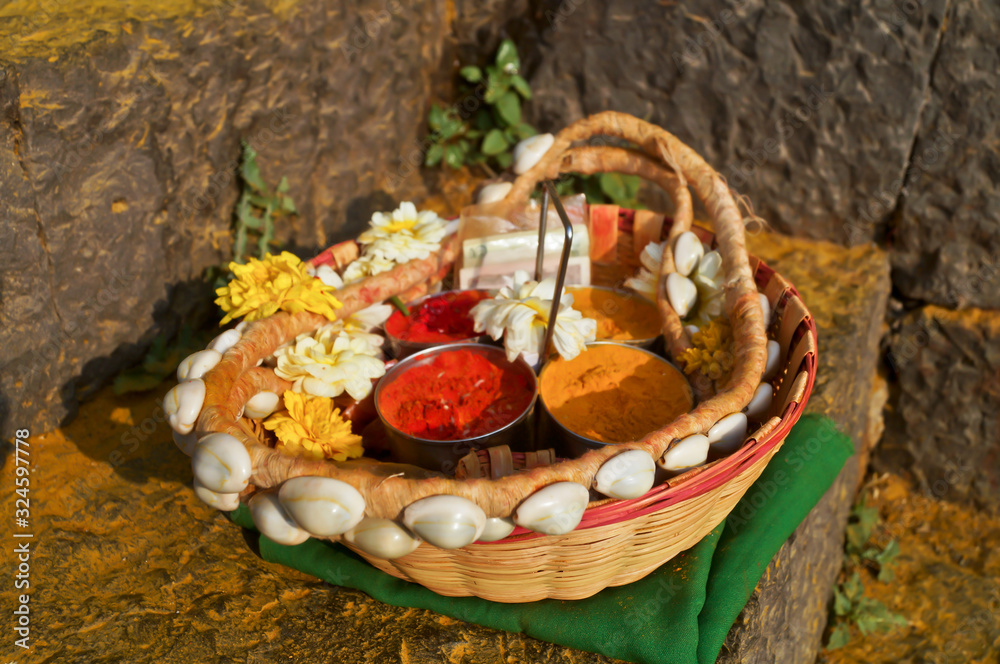 offering collection basket in hindu temple. offen called as pardi ...