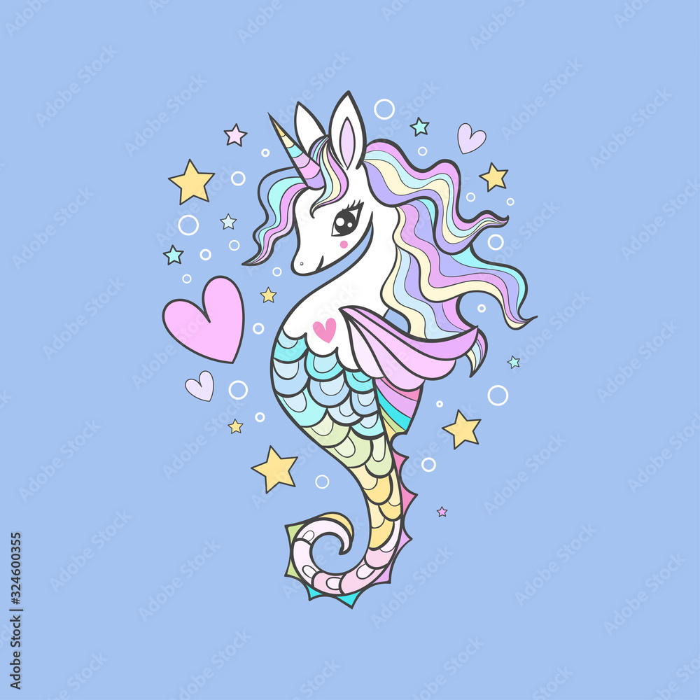Seahorse, unicorn with a rainbow mane and heart. Cartoon style ...