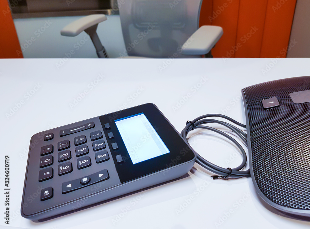 Business conference phone set up in the meeting room. Communication ...