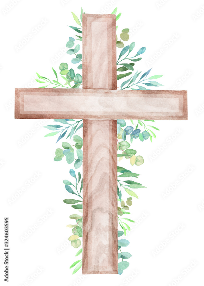 Watercolor illustration of a wooden cross with floral decor. Easter ...
