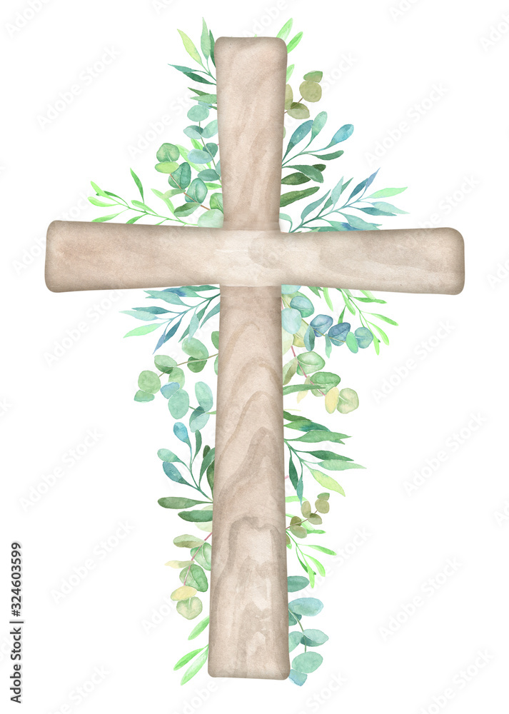 Watercolor illustration of a wooden cross with floral decor. Easter ...